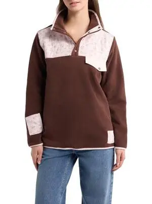 HAPPY CAMP3R Quilted Floral Fleece Henley Pullover - Espresso