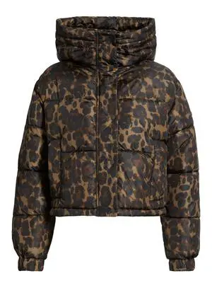 SAVE THE DUCK Rhiannon Water Resistant Funnel Neck Puffer Coat - Dark Brown Leopard