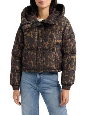 SAVE THE DUCK Rhiannon Water Resistant Funnel Neck Puffer Coat - Dark Brown Leopard