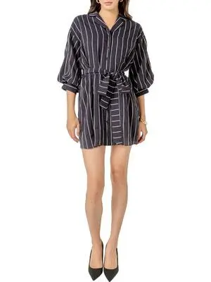 English Factory Striped Tie Waist Mini Shirtdress - Navy/white