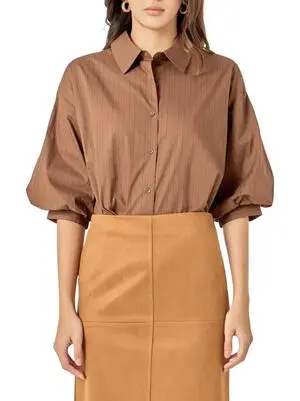 English Factory Pinstripe Balloon Sleeve Cotton Shirt - Brown