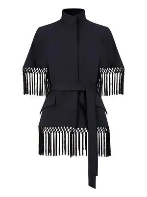 Lela Rose Stretch Cotton Fringed Cape - Black