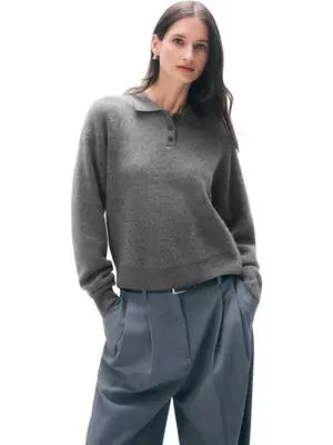 WHITE & WARREN Cashmere Waffle Polo Sweater In Size - Graphite Heather