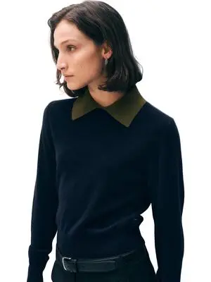 WHITE & WARREN White & Warren Cashmere Layered Collar Sweater In Deep Navy/deep Olive Size XS