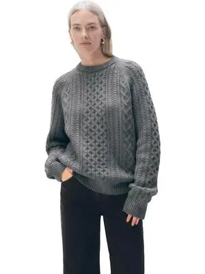 WHITE & WARREN Cashmere Cable Crewneck Top In Size - Graphite Heather