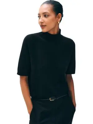 WHITE & WARREN Cashmere Mockneck Tee Top In Size - Black