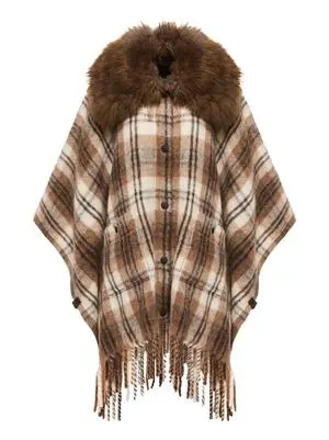 Moncler Shearling Collar Mohair, Alpaca & Wool Blend Cape Brown