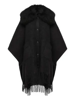 Moncler Shearling Collar Mohair, Alpaca & Wool Blend Cape Black