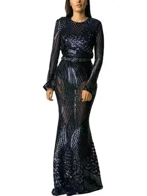 MIAU BY CLARA ROTESCU Calypso Sequin-embellished Belted Maxi Dress - Blue