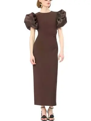 ROTATE BY BIRGER CHRISTENSEN Draped Midi Puff Dress - Brown
