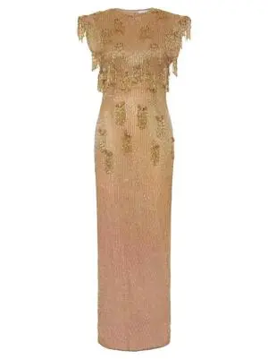 Rachel Gilbert Lani Beaded Fringe Maxi Dress - Gold