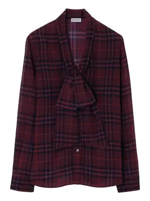 Burberry Rhiannon Silk Shirt With Check Print And Soft Bow Scarf - Violet