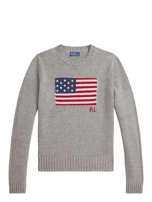 Ralph Lauren Ribbed Crewneck Flag Motif Sweater In Cotton & Wool For - Grey