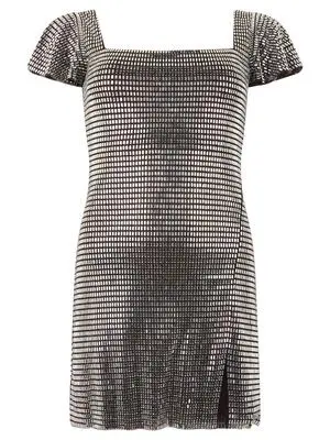 SELF-PORTRAIT Self-Portrait Square-Neck Rhinestone Tulle Mini Dress With Puff Sleeves
