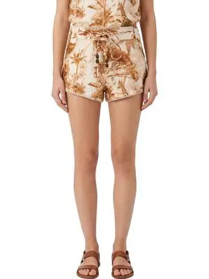 Zimmermann Indra Slim Fit Linen Shorts With Graphic Print And Belt Brown