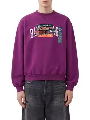 Balenciaga Graphic Print Cotton Crewneck Sweatshirt With Dropped Shoulders Violet
