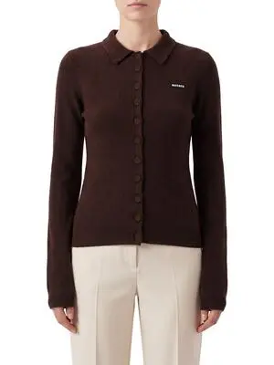 ROTATE BY BIRGER CHRISTENSEN Slim Fit Wool And Cashmere Blend Cardigan With Classic Collar Brown