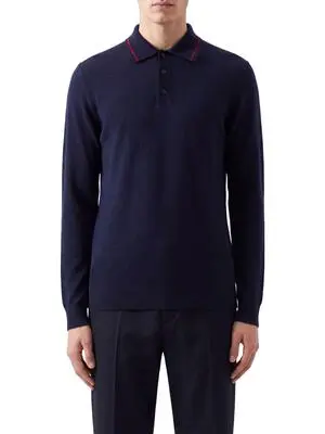 Balenciaga Long-sleeved Pure Wool Polo With Contrast Trim - Navy