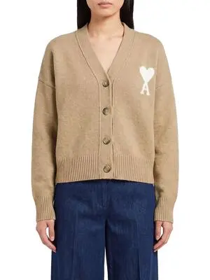 AMI Paris Alpaca Wool V-neck Cardigan With Jacquard Logo Sand