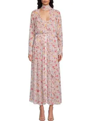 GANNI Pleated Floral Silk Chiffon Midi Dress With Pussy-bow Collar