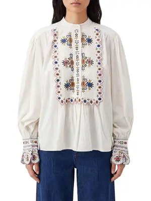 Isabel Marant Étoile Embroidered Linen-blend Blouse With Ruffled Shoulders Beige
