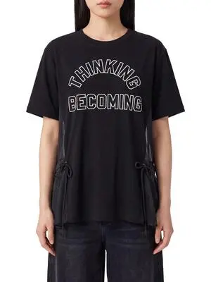 Sacai Cotton T-shirt With Chiffon Inserts And Drawstring Waist - Black