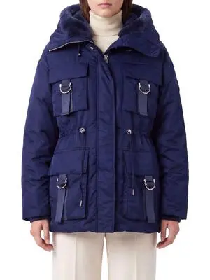 Pinko Short Satin Nylon Parka With Shearling Hood And Drawstring - Blue