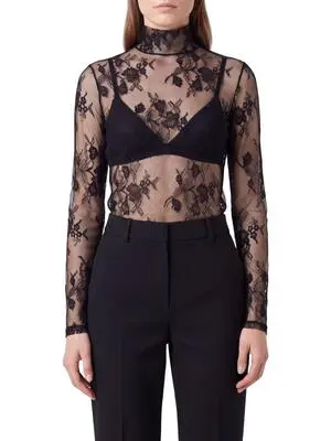 Patrizia Pepe Sheer Floral Lace Long-sleeved Turtleneck Top - Black