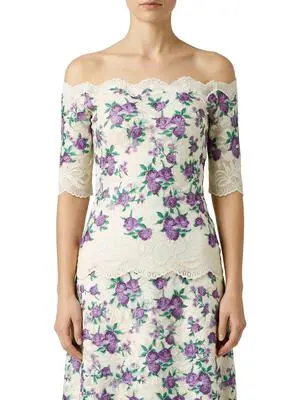 Rabanne Slim Fit Stretch-jersey Top With Floral Embroidery And Lace Inserts - Violet