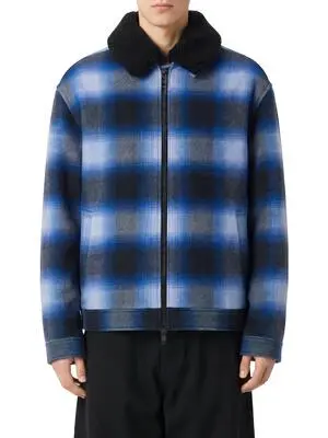 Balenciaga Check Wool Flannel Short Coat With Fur Collar Blue