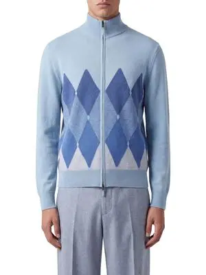 BALLANTYNE Argyle Pattern 100% Cashmere Zip Cardigan Blue 1