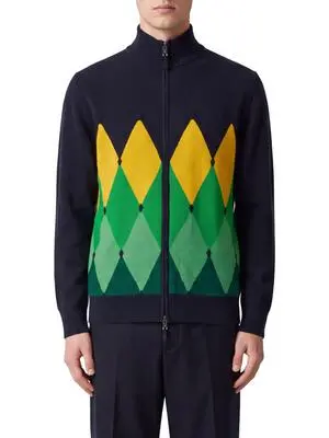 BALLANTYNE Argyle Pattern 100% Cashmere Zip Cardigan - Blue