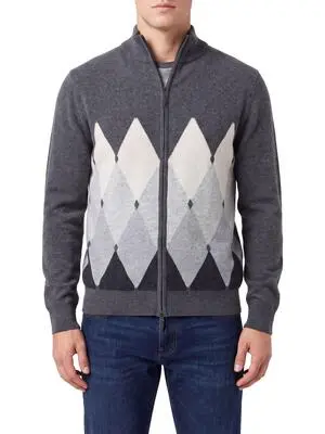 BALLANTYNE Argyle Pattern 100% Cashmere Zip Cardigan Grey
