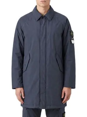 Stone Island Single-breasted Knee-length Trench Coat In Nylon With Logo Patch - Navy