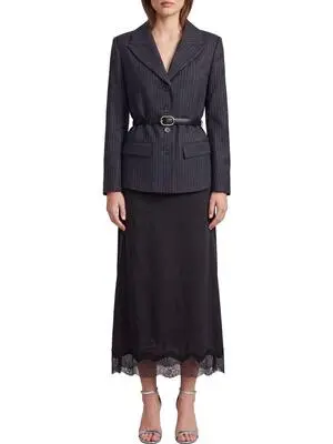 SELF-PORTRAIT Pinstripe Midi Blazer Dress With Peak Lapels And Lace Inserts - Grey