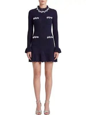 SELF-PORTRAIT Off-shoulder Pointelle-knit Mini Sheath Dress With Jewel Buttons Navy