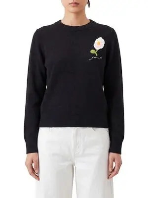 GANNI Crewneck Merino Wool Jumper With Decorative Macramé Lace Inserts Charcoal
