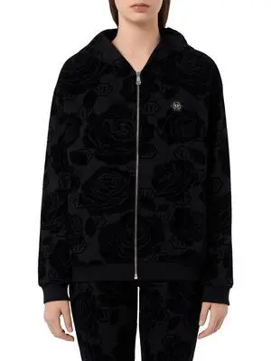 Philipp Plein Hooded Zip-up Sweatshirt With Floral And Monogram Print - Black