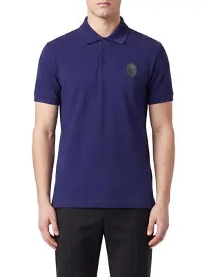 Versace Short-sleeved Piqué Cotton Polo Shirt With Medusa Logo Patch Navy