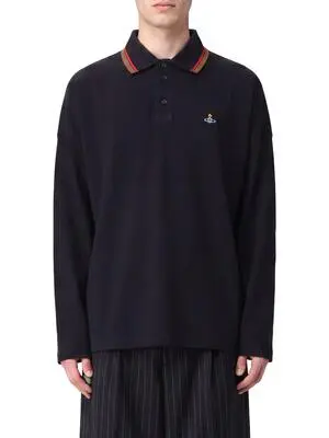 VIVIENNE WESTWOOD Long-sleeved Cotton Polo Shirt With Embroidered Orb Logo - Black