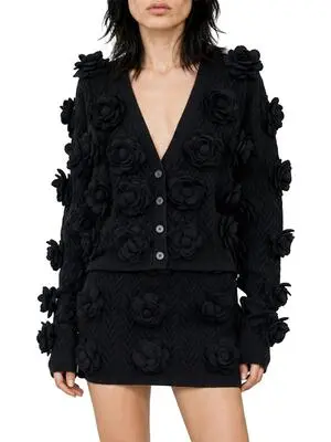 PHILIPP PLEIN Wool Blend V-neck Cardigan With Flower Appliqué