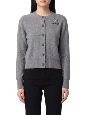 Burberry Merino Wool And Cashmere Cardigan With Rhinestone Ekd Logo - Grey