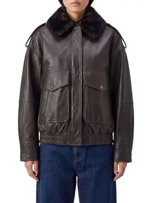 Loulou De Saison Short Calf Leather Jacket With Fur Collar And Epaulettes - Coffee
