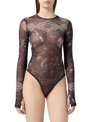 Philipp Plein Slim Fit Long-sleeved Graphic Print Jersey Bodysuit - Black