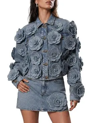 Philipp Plein Cropped Slim Fit Jacket With Floral Embroidery - Denim