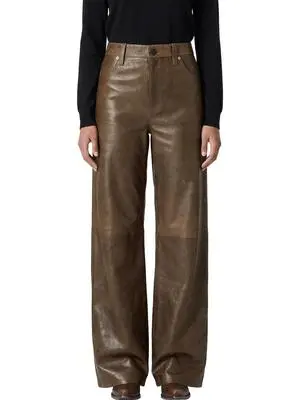GOLDEN GOOSE High-waisted Wide-leg Leather Trousers With Floral Pattern - Mud