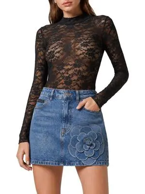 Philipp Plein High-neck Long-sleeved Lace Bodysuit With Slim Fit - Black