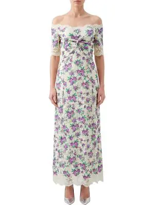 Rabanne Floral Print Long Dress With Lace Inserts On The Neckline - Violet