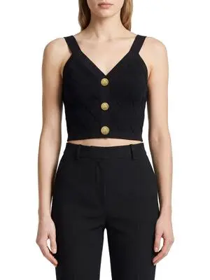 Balmain Cropped Knit Top With V-neck And Decorative Buttons - Black