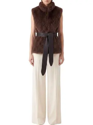Liu Jo Sleeveless Faux Fur Gilet With High Neck And Waist Belt - Brown
